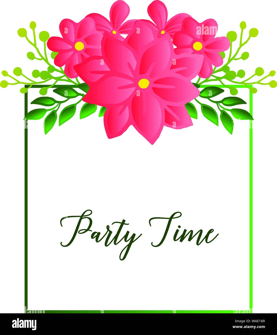 Party time text card, with simple retro design of leaf flower frame ...