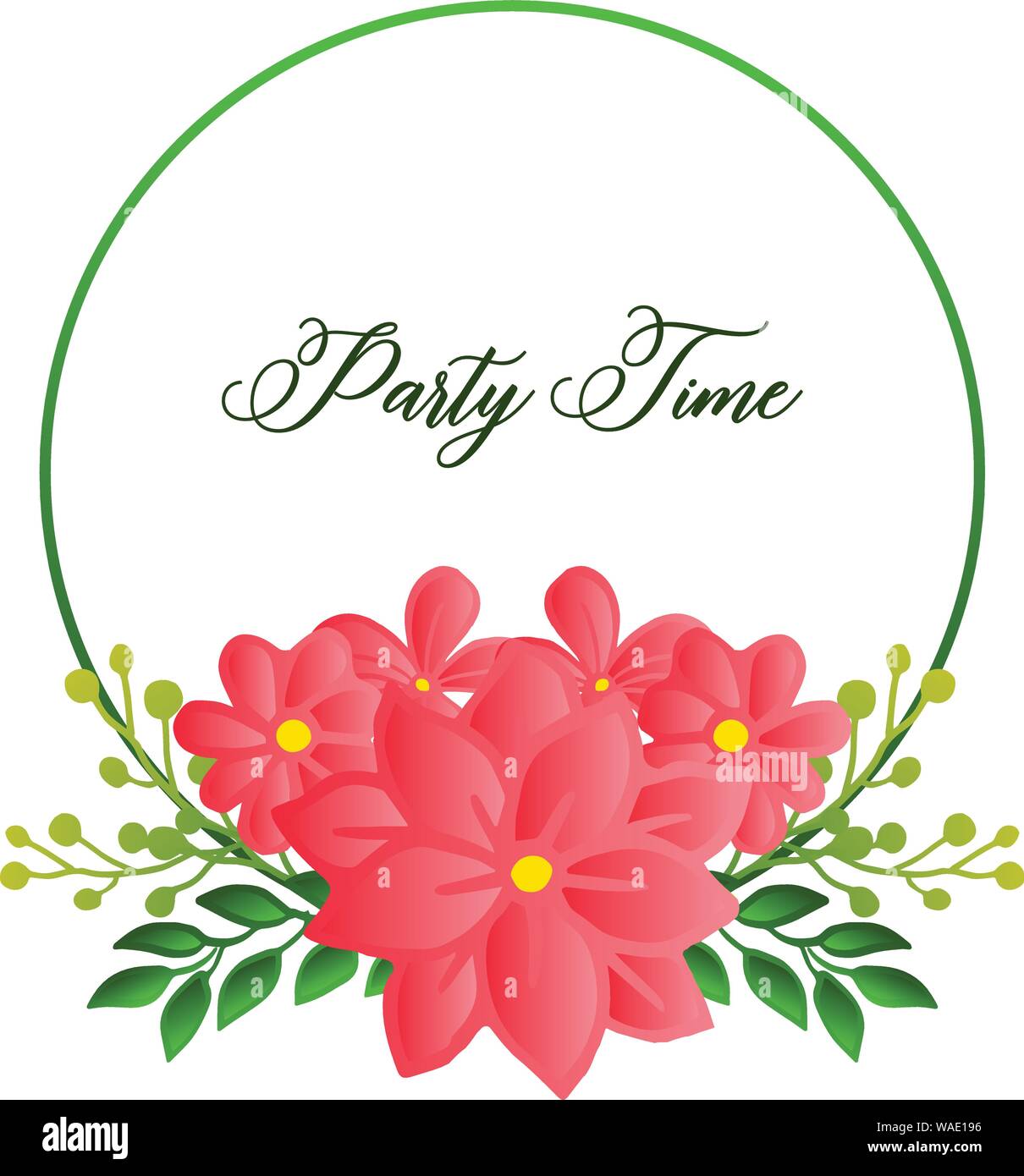 Party time text card, with simple retro design of leaf flower frame ...