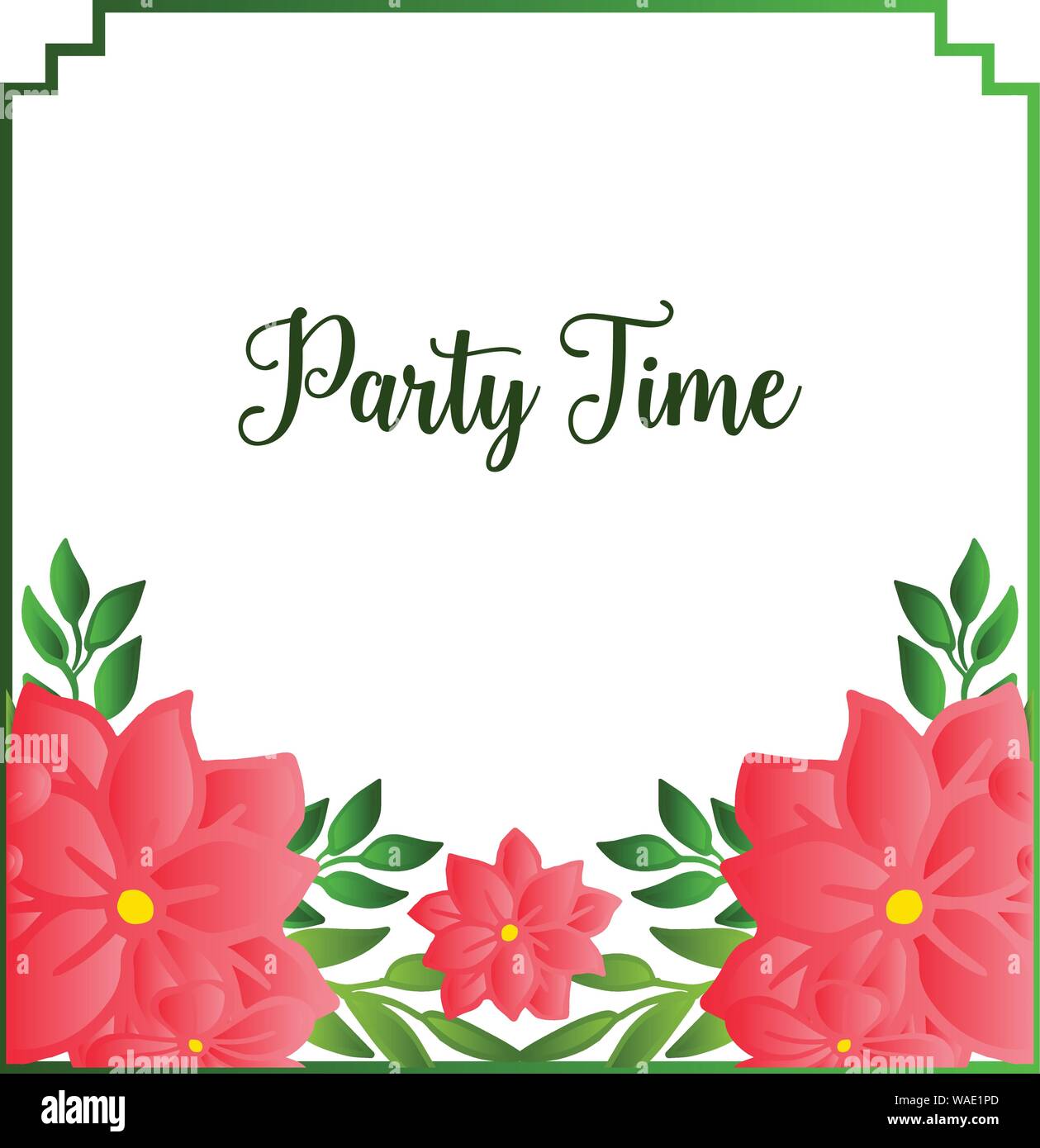 Ornate of party time card, with cute floral frame, isolated on white ...