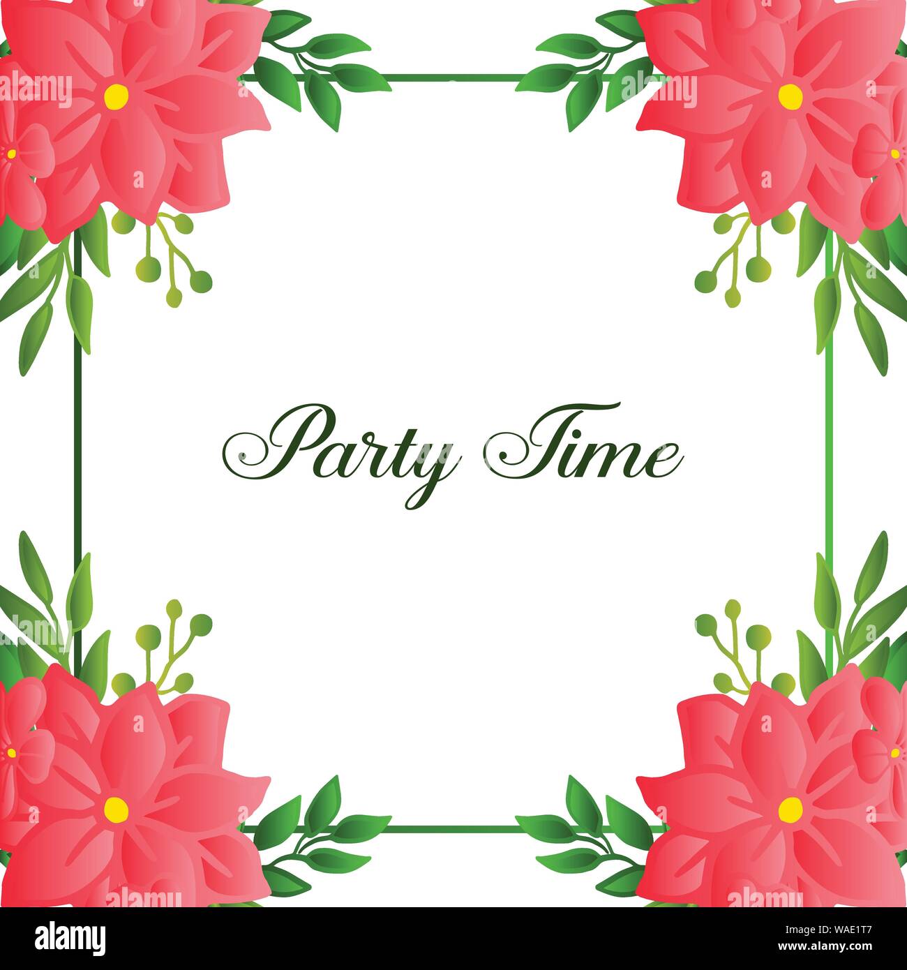 Ornate of party time card, with cute floral frame, isolated on white ...