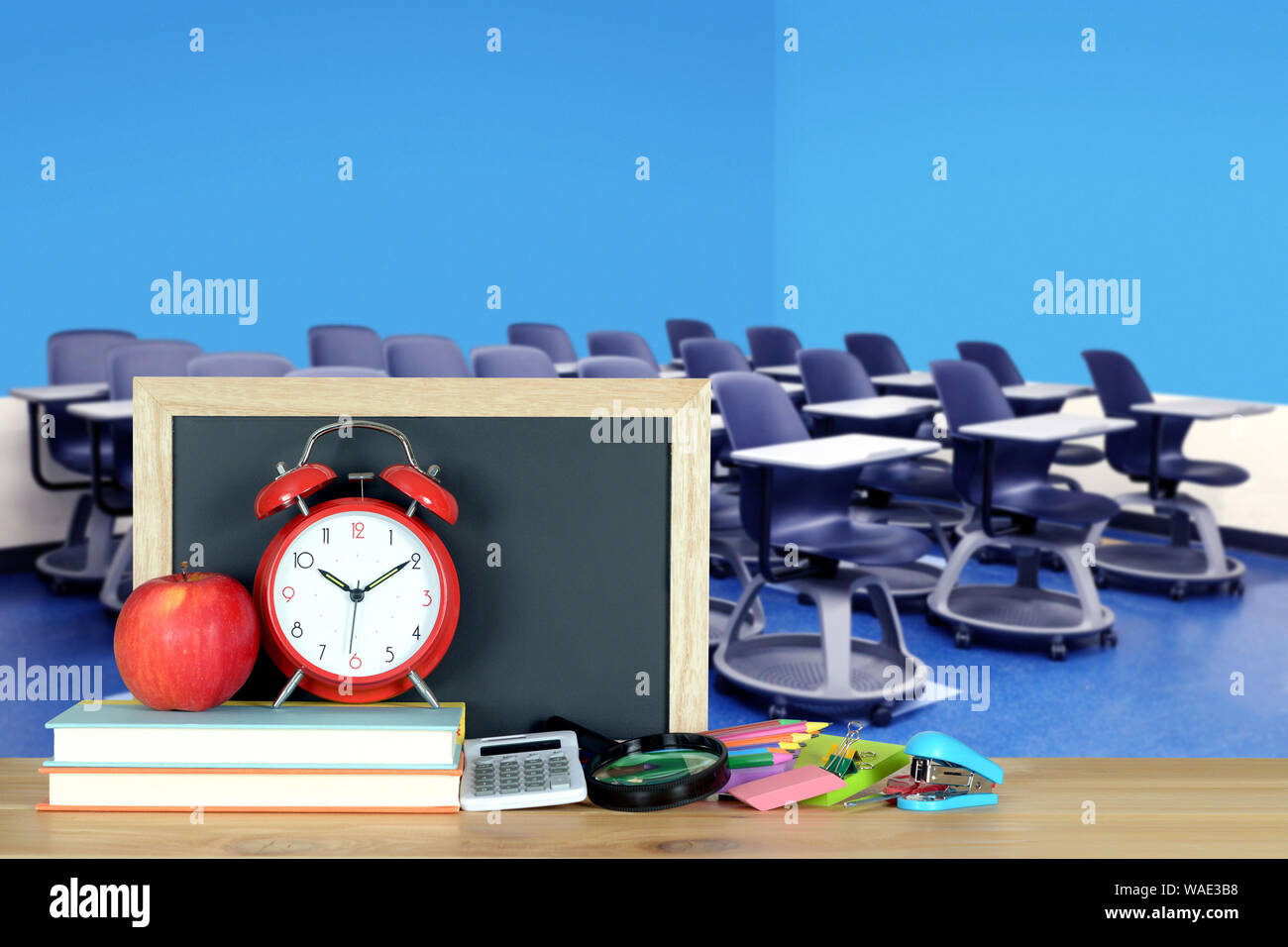 An empty classroom is ready for Back to School event (blurry background ...