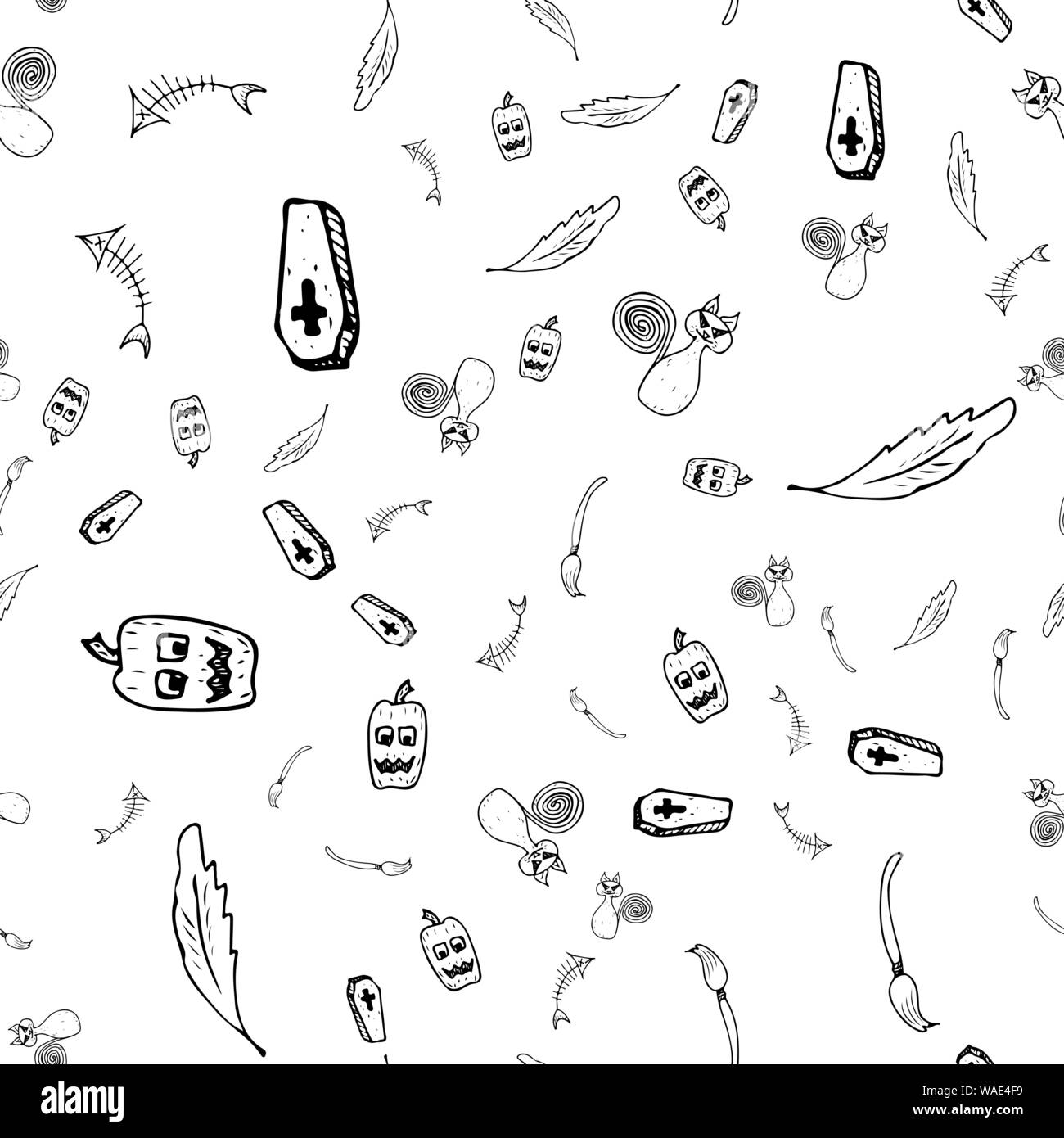 Halloween doodle seamless pattern set isolated on white background ...