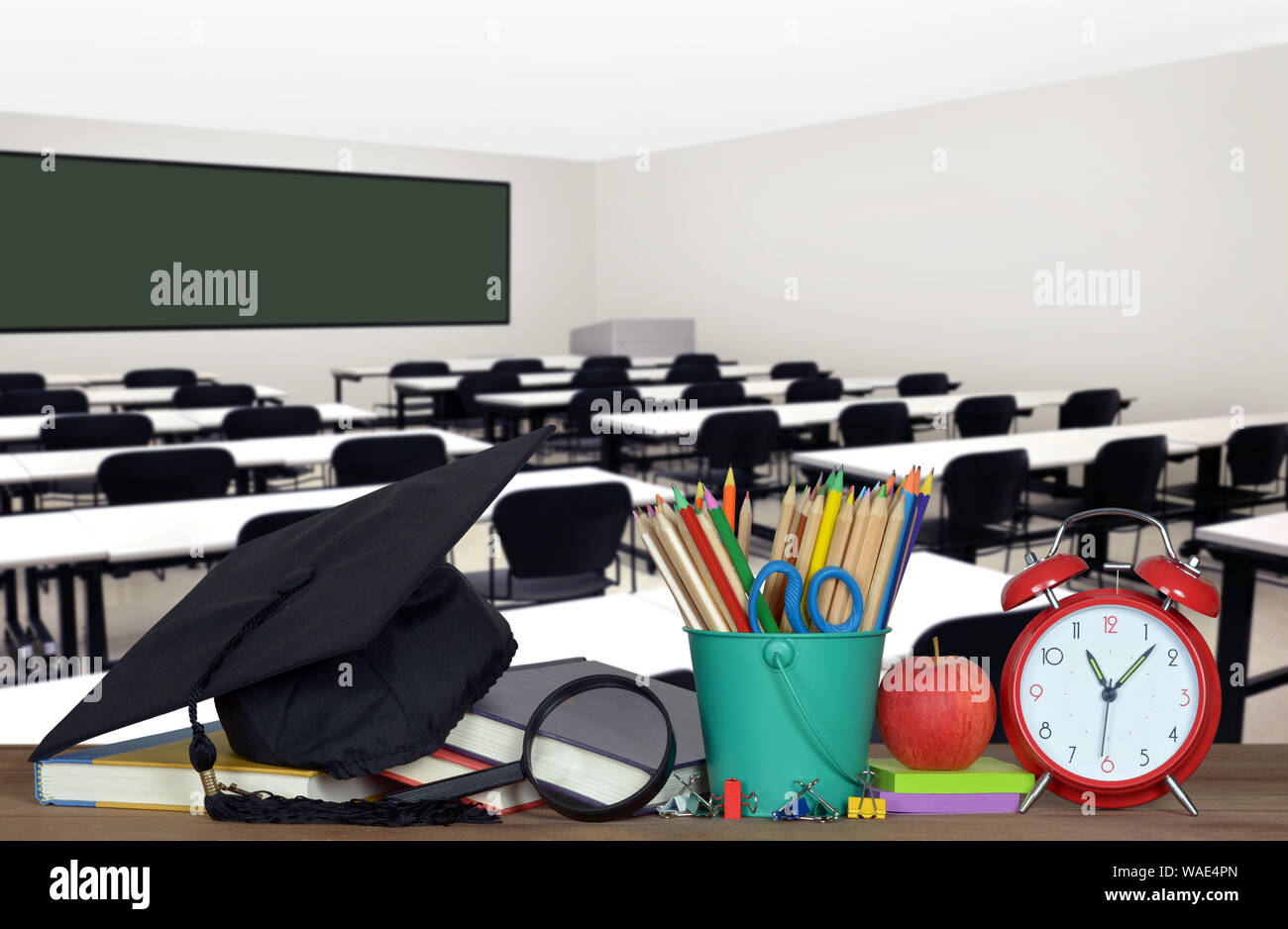 blurry empty classroom in school for back to school and education ...