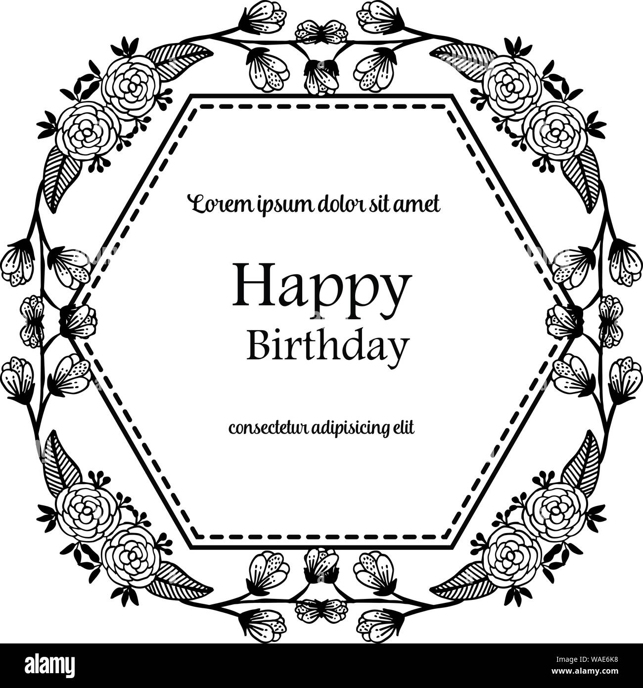 Template shape of cute wreath frame, design elegant card happy birthday ...