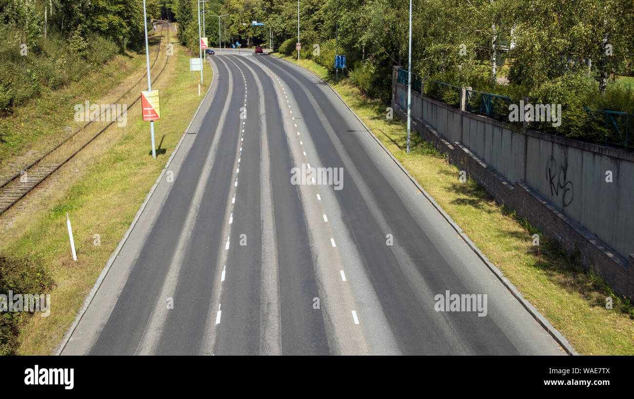 three lane street with partially resurfaced tarmac, Lappeenranta ...