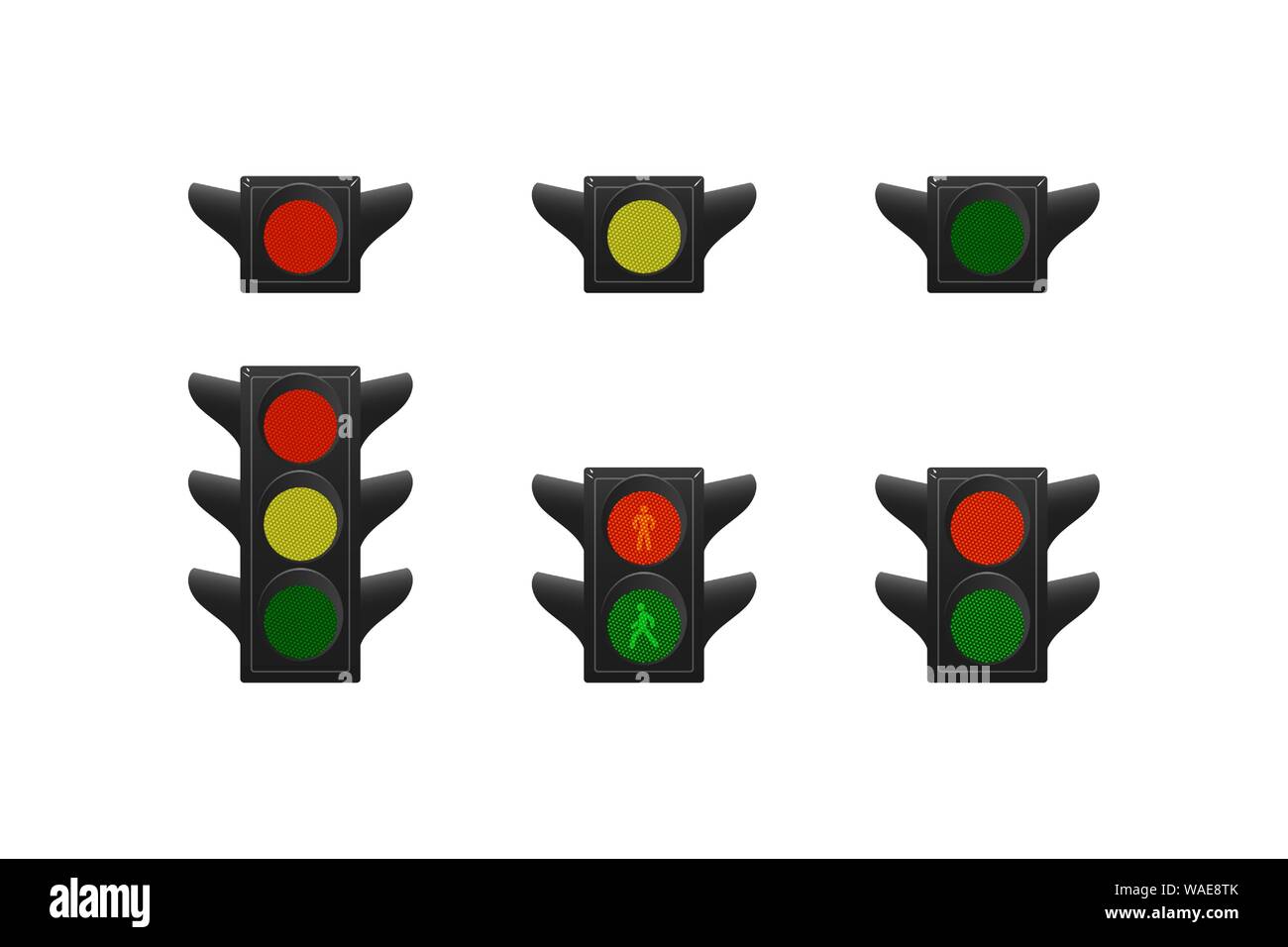 Set of traffic lights for cars and pedestrian. Red, yellow and green ...