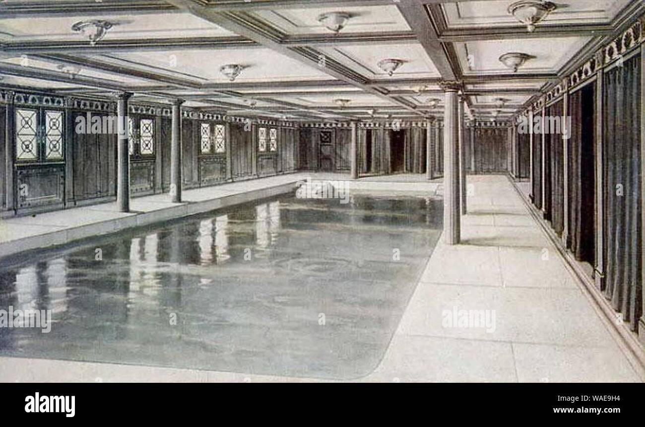 Drawing of the First Class Swimming baths on the RMS Aquitania Stock ...