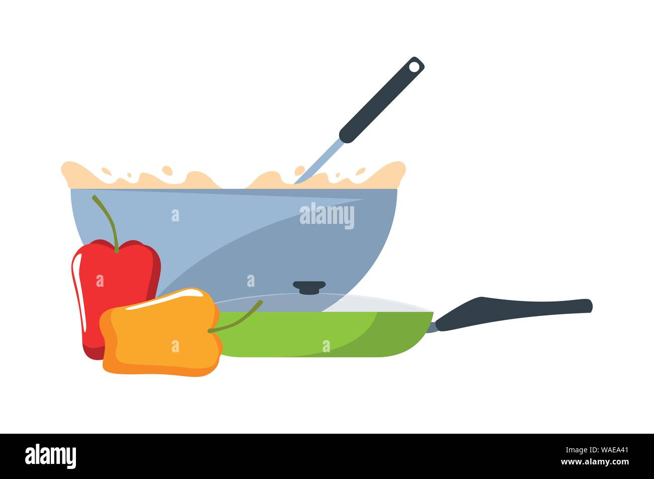 bowl with flour eggs and pot preparation cooking vector illustration ...