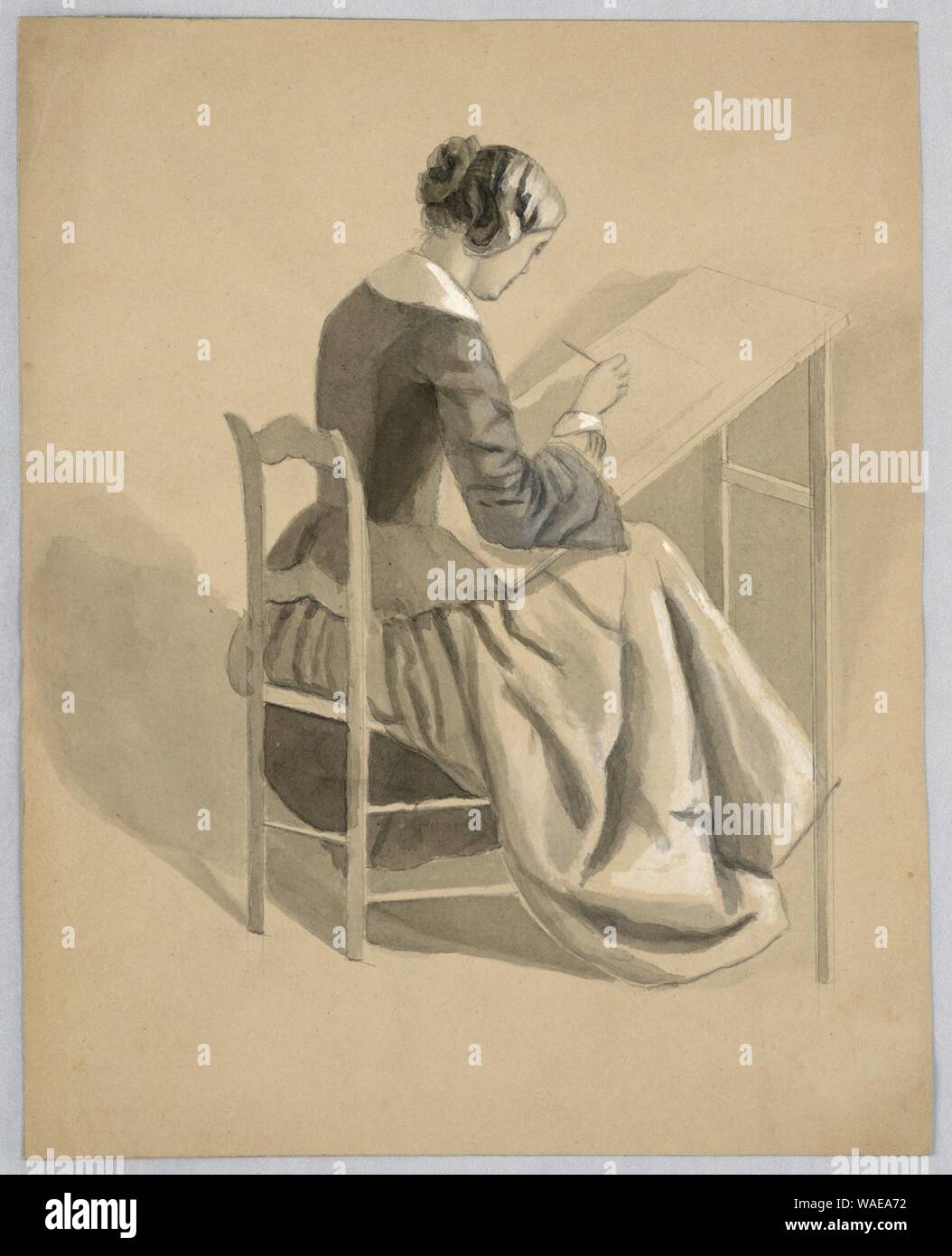 Drawing, A woman drawing, ca. 1860 Stock Photo - Alamy