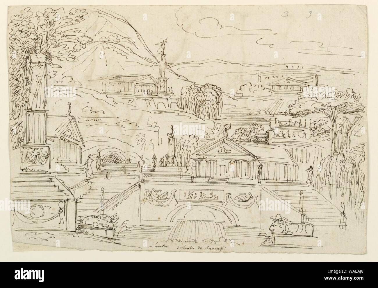 Drawing, Antique Buildings on Hillside, early 19th century Stock Photo ...