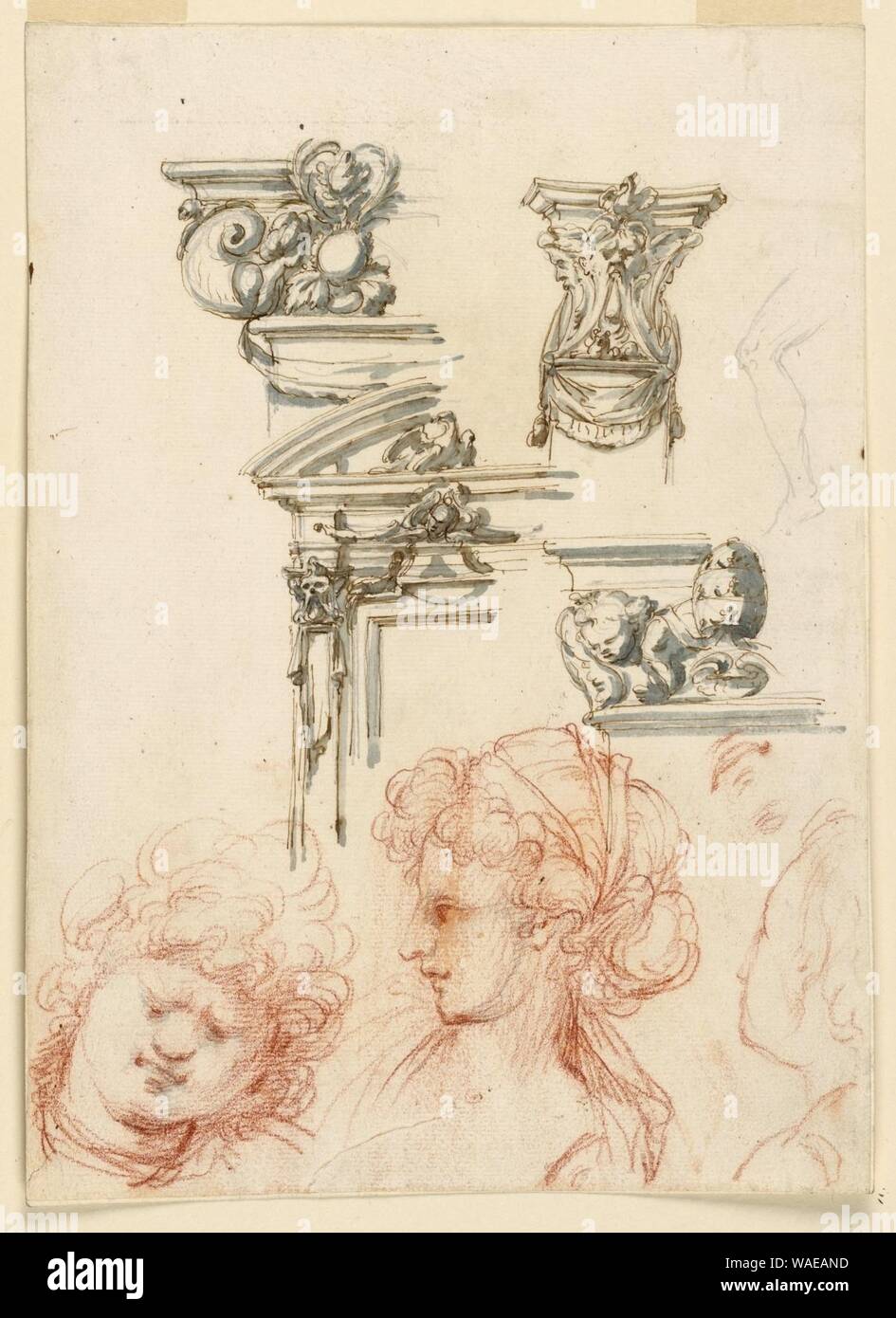 Drawing, Architectural Details and Three heads, ca. 1750 Stock Photo ...