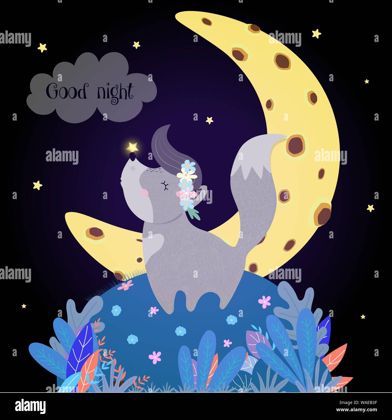 Cute Wolf Howling at Moon. Funny Baby Wolfling in Flower Wreath with ...