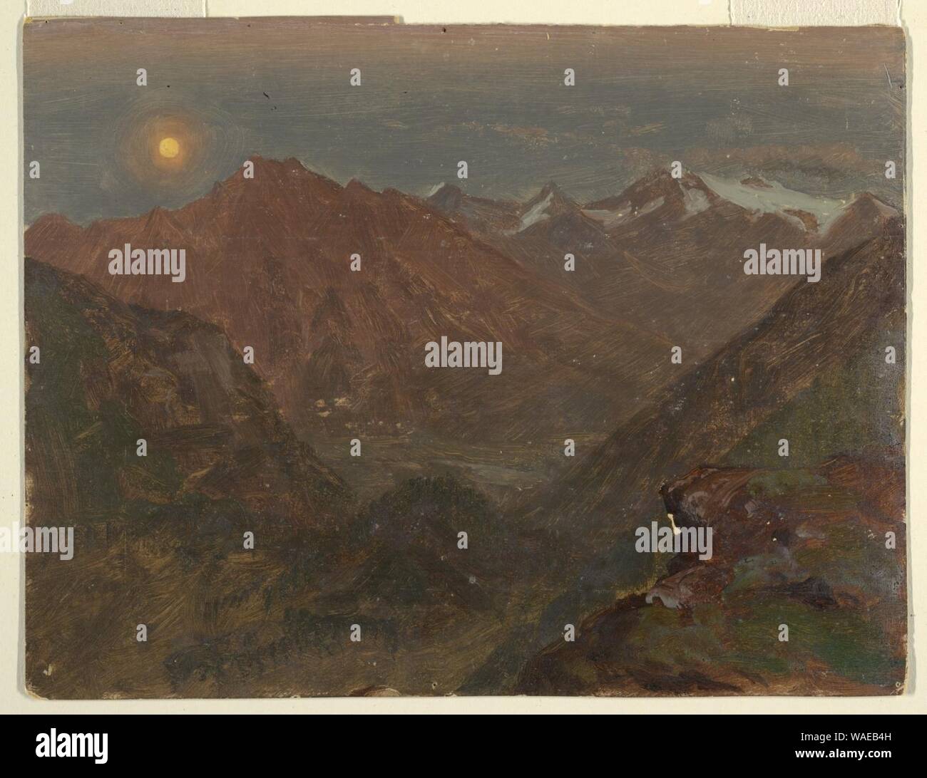 Drawing, Bavarian or Swiss alps by moonlight Stock Photo - Alamy