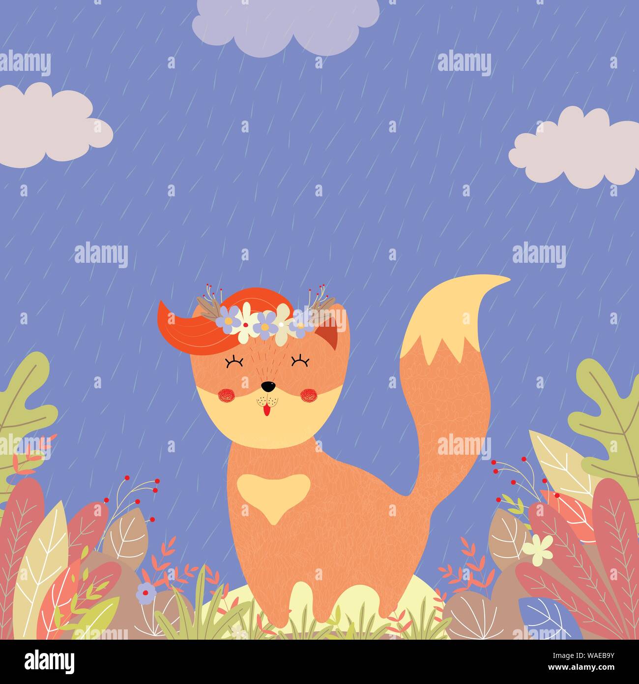 Cute happy fox in flower wreath with ginger forelock and stand with ...