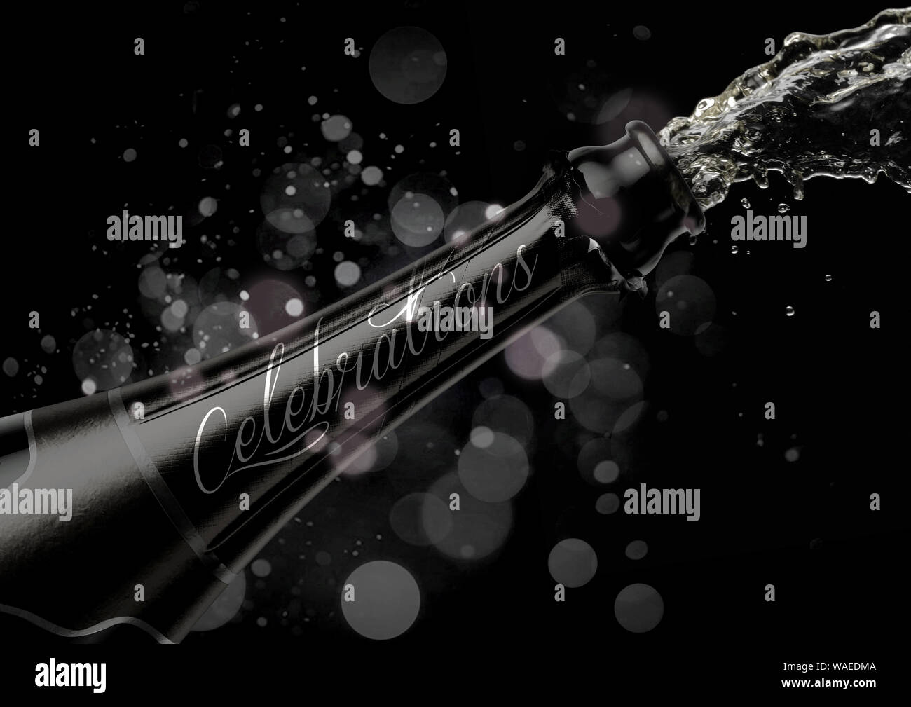 An opening bottle of champagne with the word celebrations and liquid ...