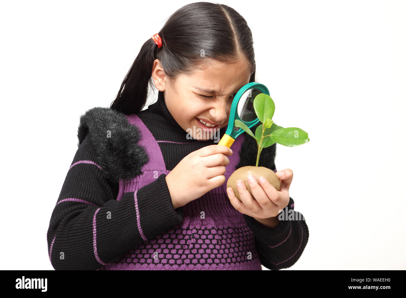 Girl examining through a magnifying glass Stock Photo - Alamy