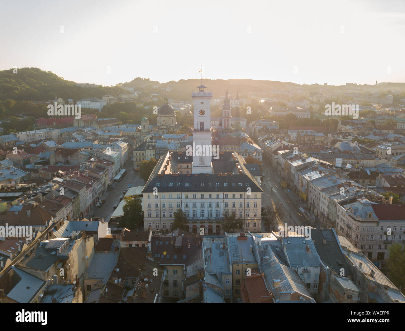 Aerial roofs and streets Old City Lviv, Ukraine. Central part of old ...