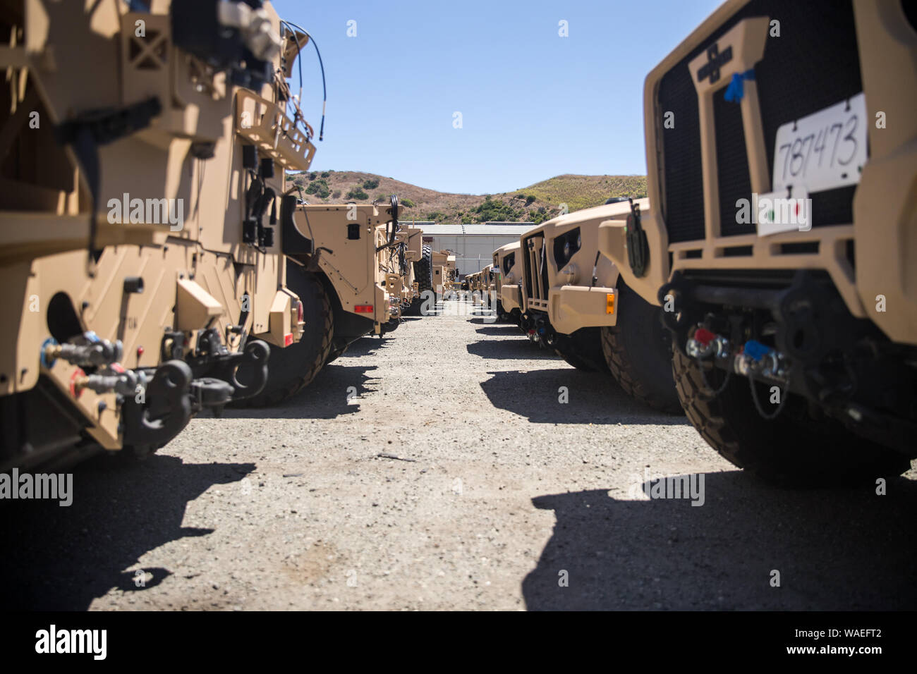 A series of Joint Light Tactical Vehicles wait in a staging area in 22 ...