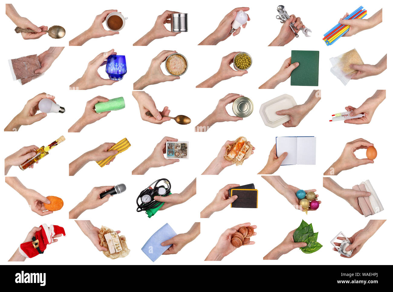 An elderly man holds in his hand a different household items and ...