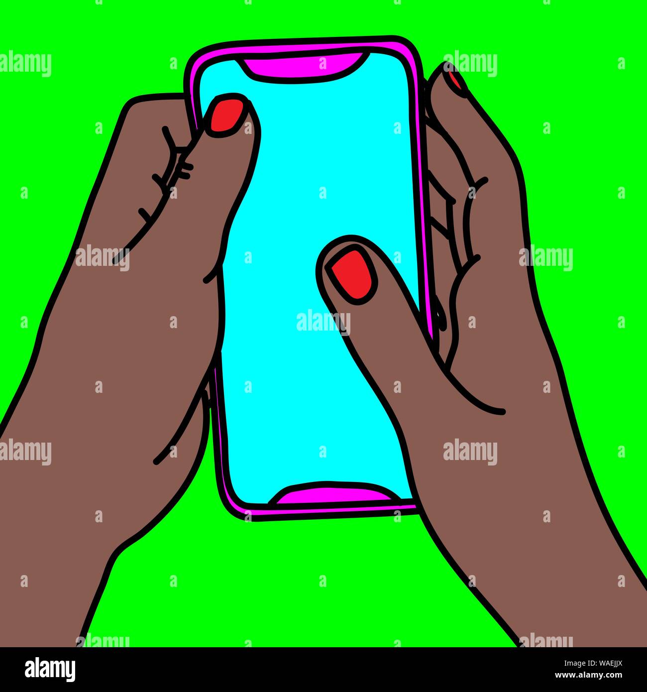 Hands holding smartphone. Woman texting sketch. Girl sends messages ...