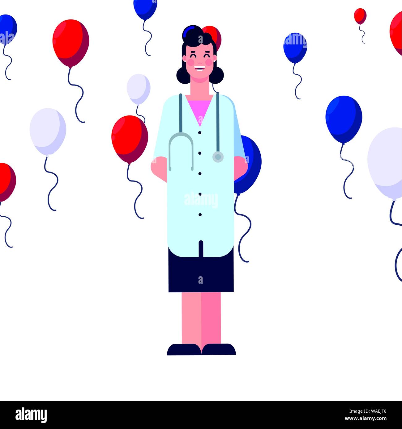 happy labor day - female doctor balloons celebration vector ...