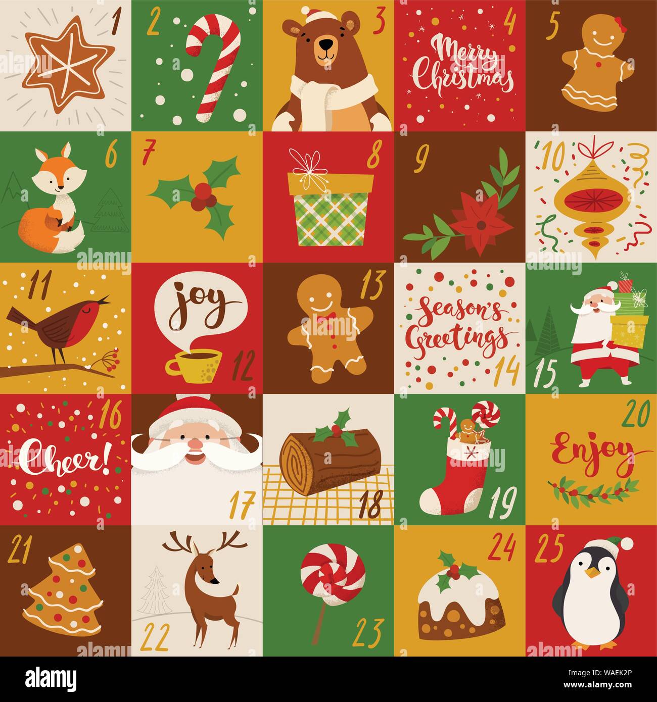 cartoon style Christmas advent vector calendar design with holiday ...