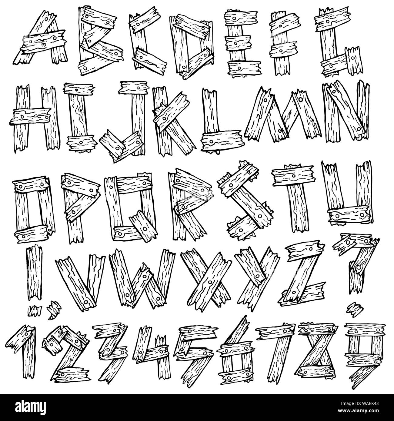 Sketch old wooden font. Handdrawn wood type letters and numbers. Vector ...
