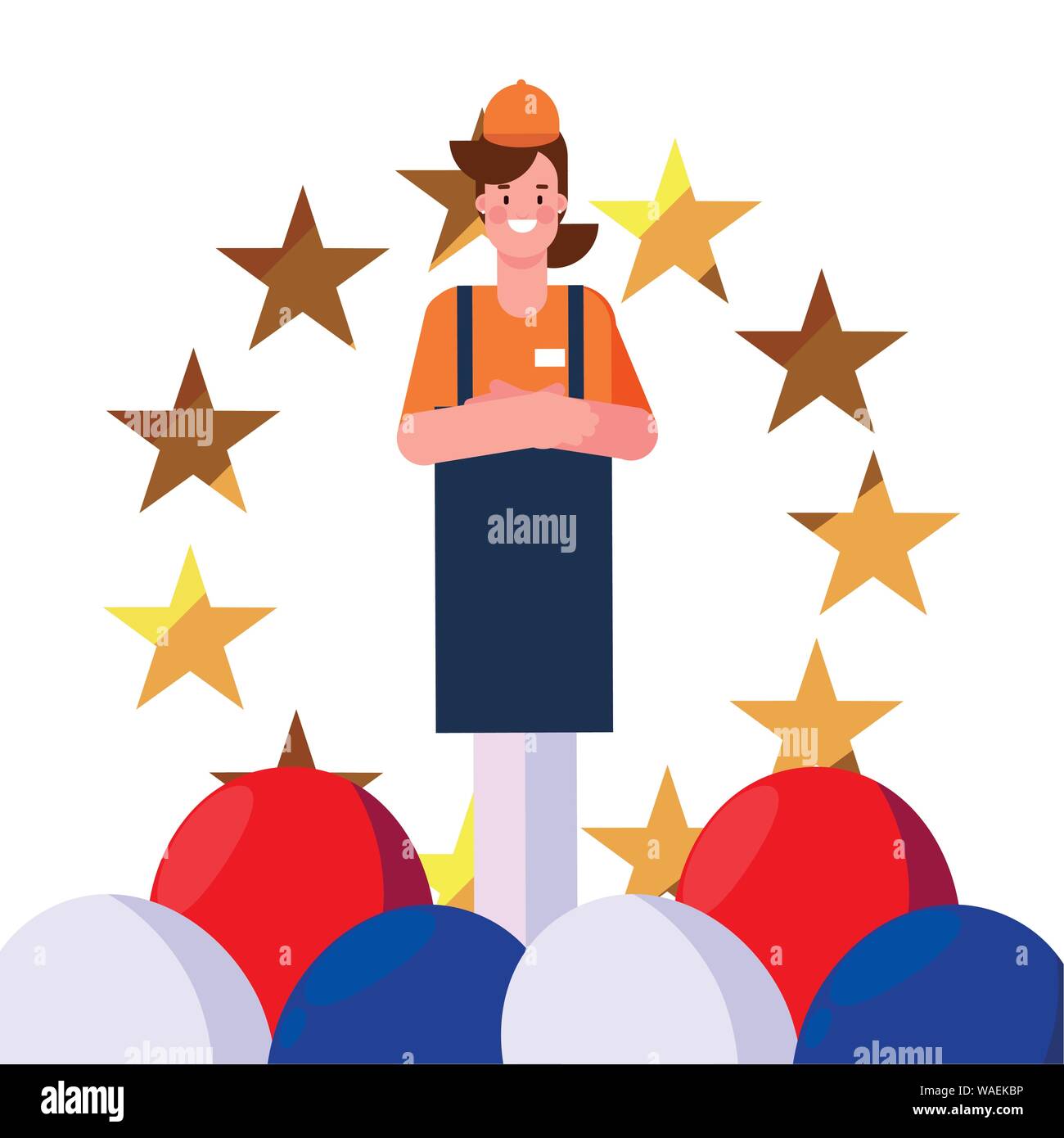 happy labor day - seller woman balloons gold stars vector illustration ...