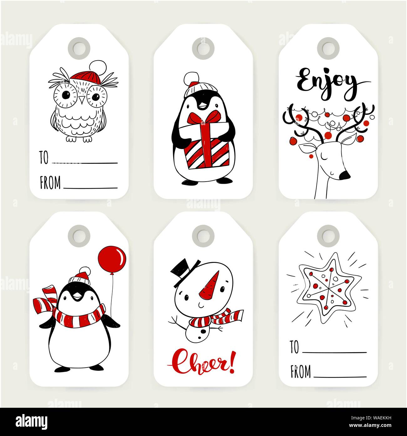 Tags and labels for Christmas with cartoon doodle style characters ...