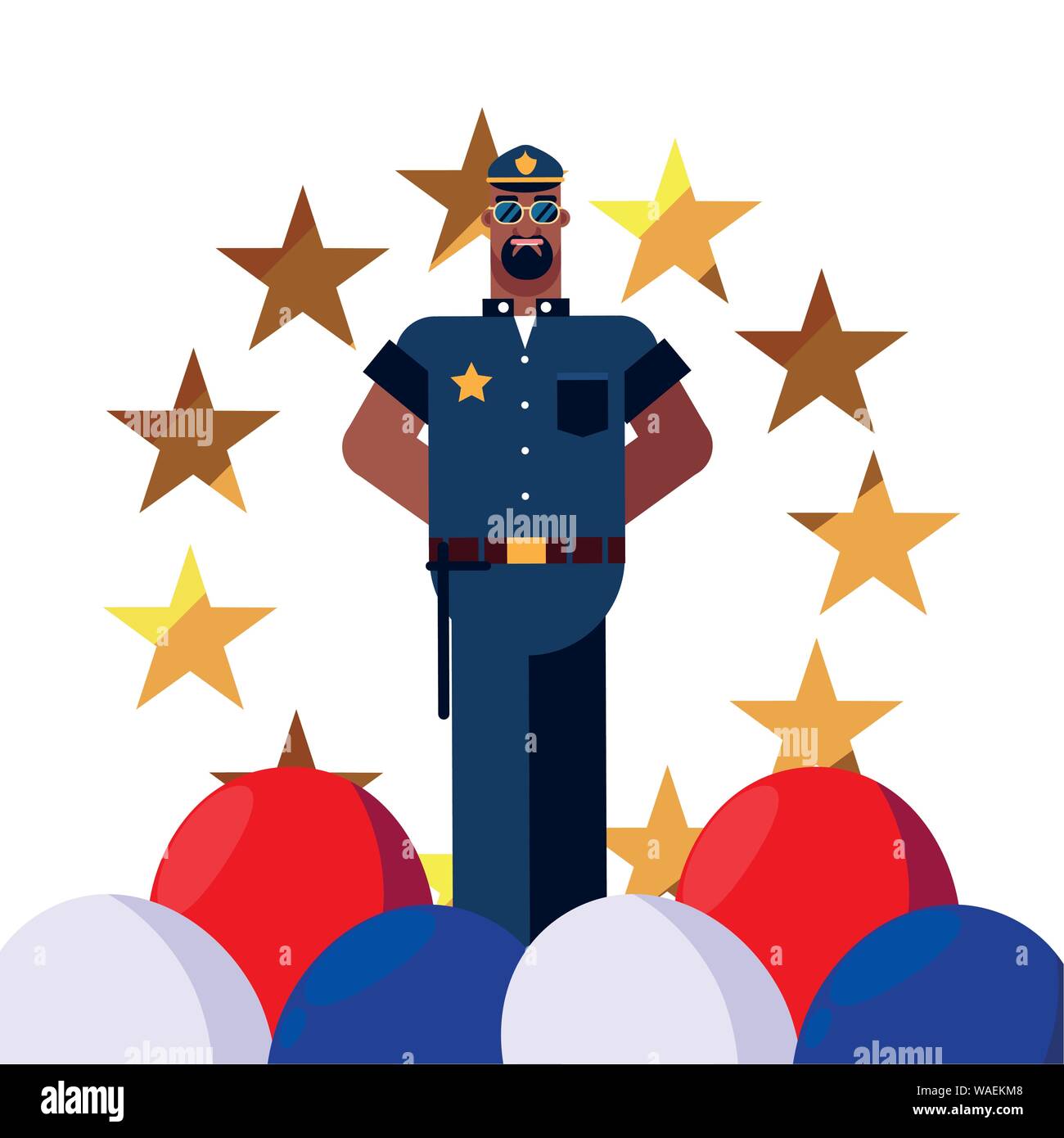 happy labor day - policeman balloons gold stars vector illustration ...