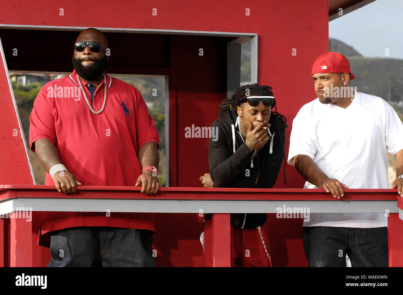 (L-R) Rappers Rick Ross, Lil Wayne and Mack 10 on-set at the Mack 10 ft ...