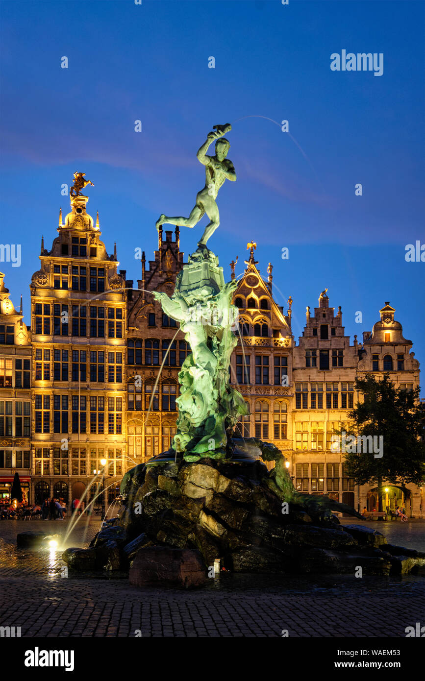 Antwerp Grote Markt with famous Brabo statue and fountain at night ...