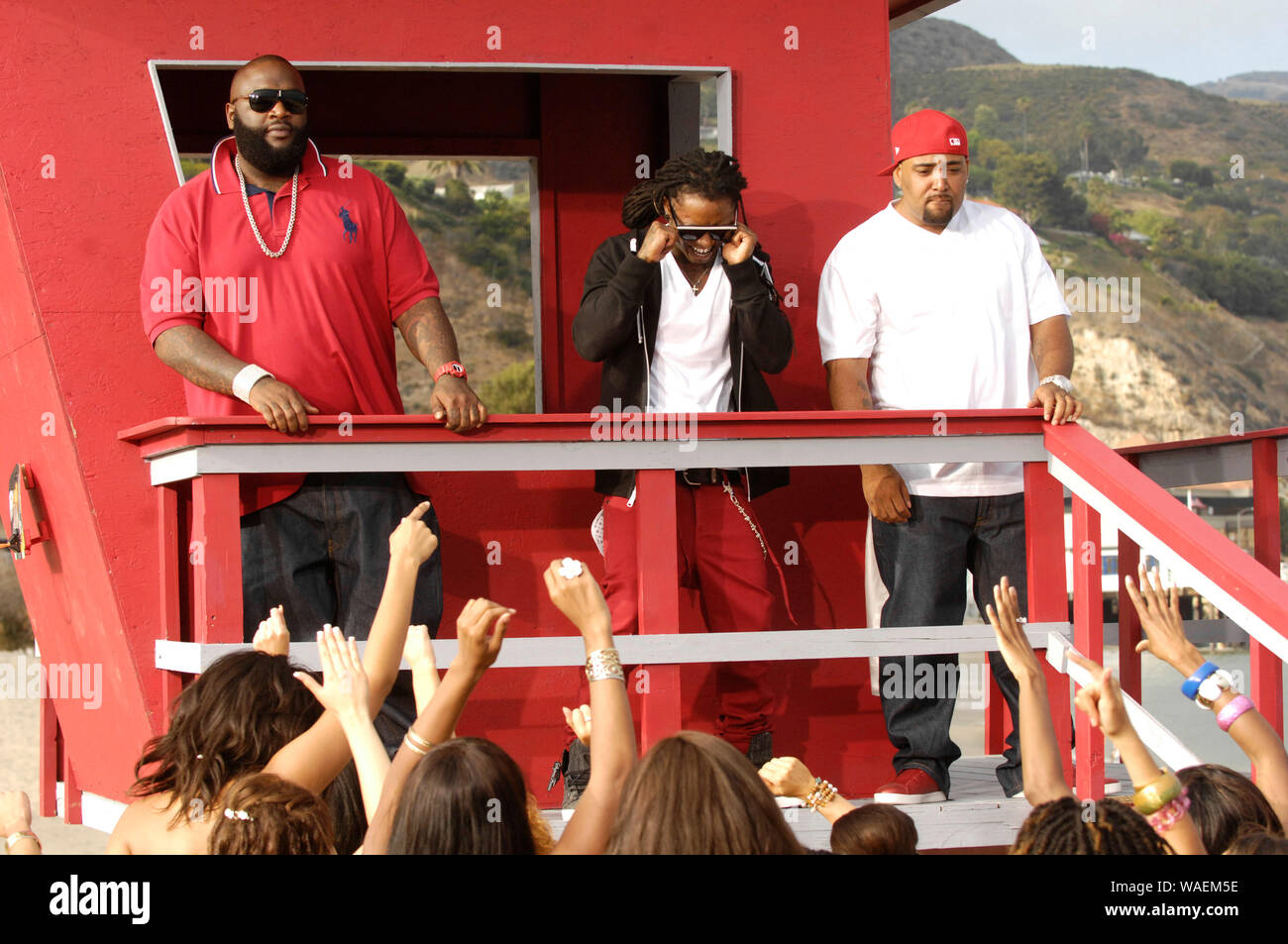 (L-R) Rappers Rick Ross, Lil Wayne and Mack 10 on-set at the Mack 10 ft ...