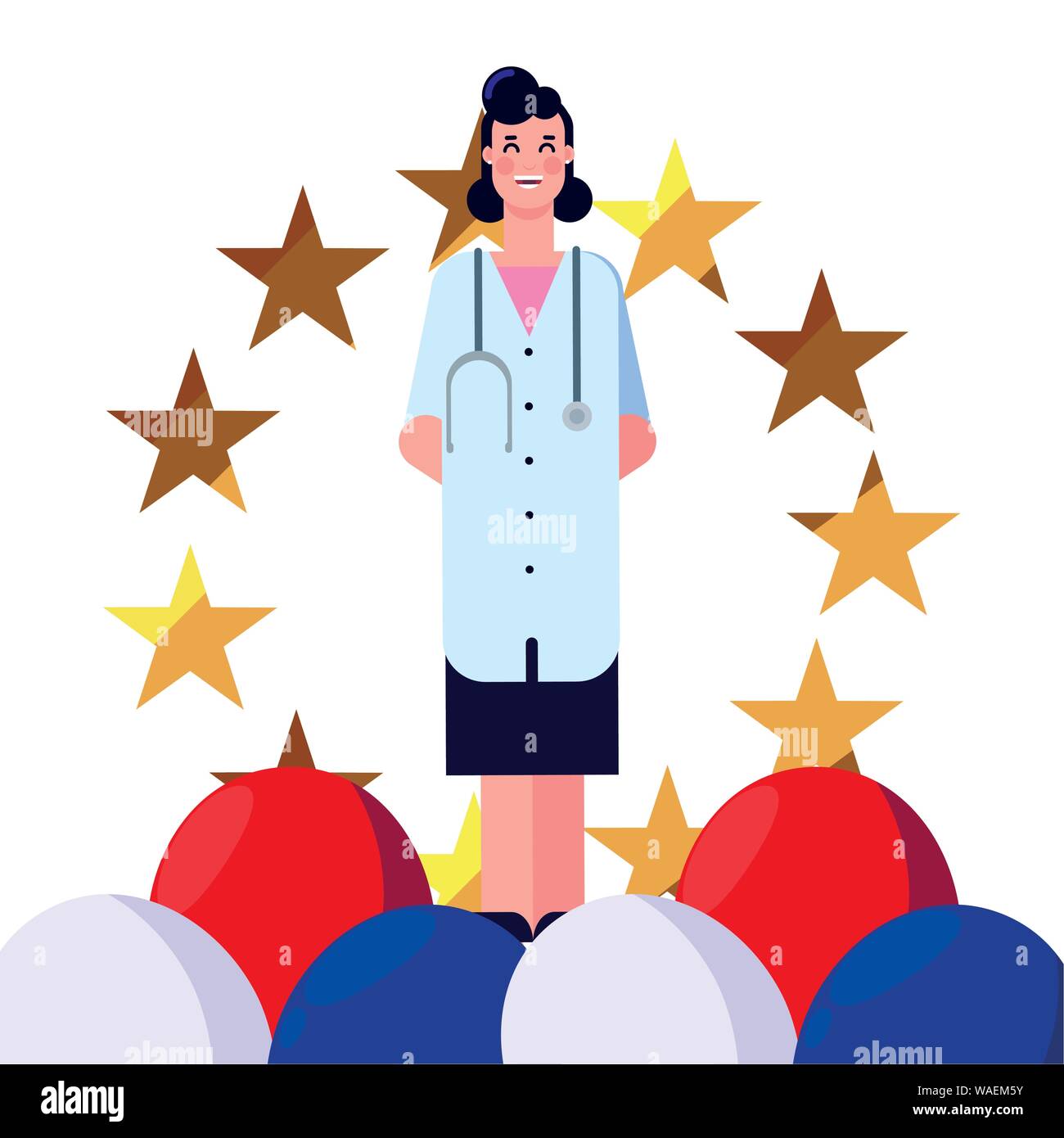 happy labor day - female doctor balloons gold stars vector illustration ...