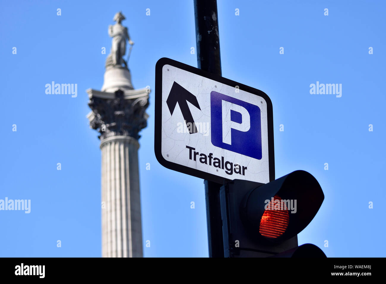 London, England, UK. Sign to car park at Trafalgar Square - Nelson's ...