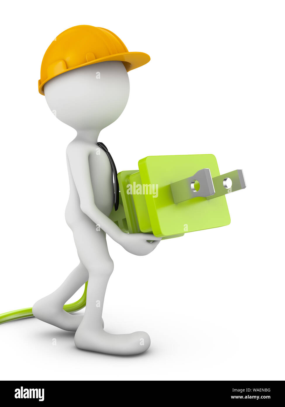 The man in the helmet is holding an American electric plug. 3d render ...