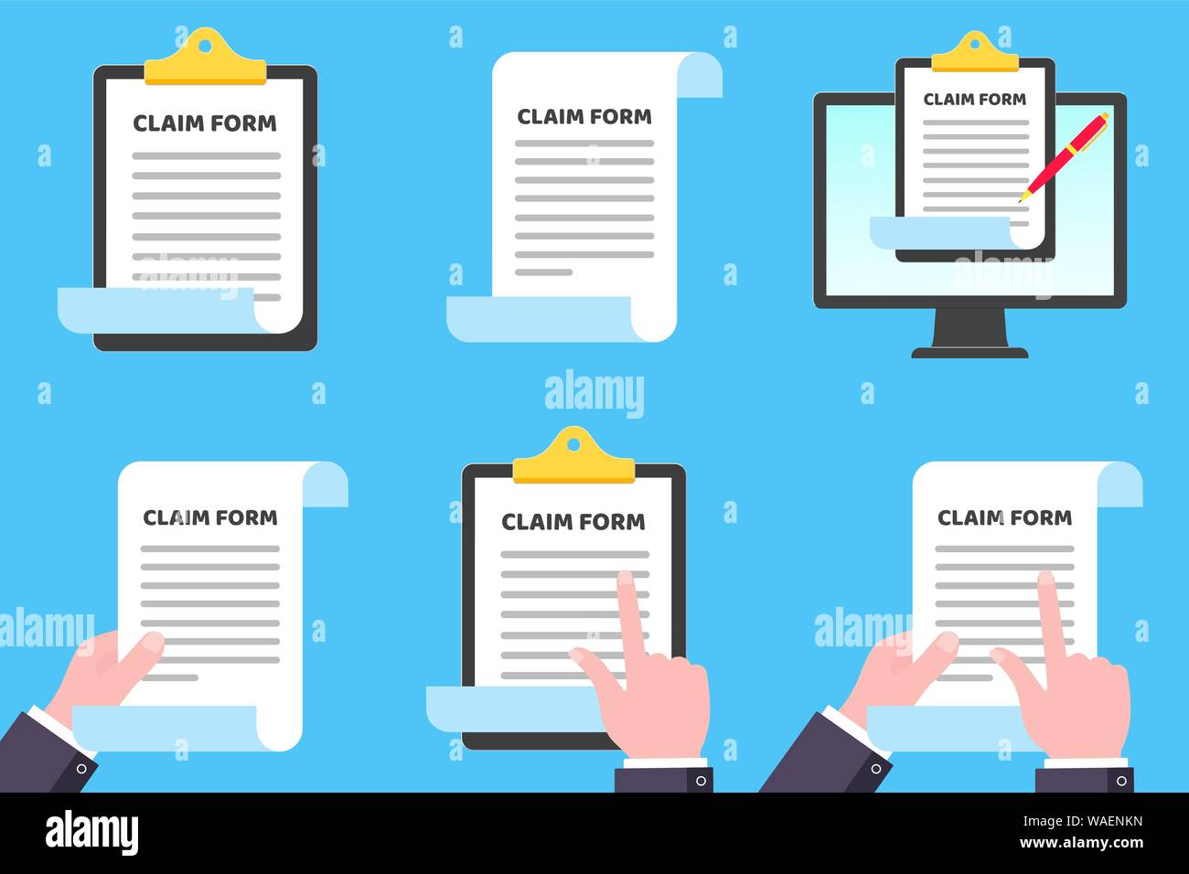 Claim form to fill out and text, clipboard, monitor and hands set Stock ...