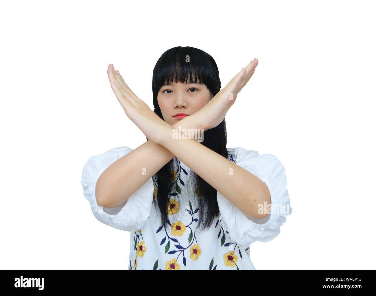 Cute Asian Girl Crossing Hand to Reject. isolated on White Background ...