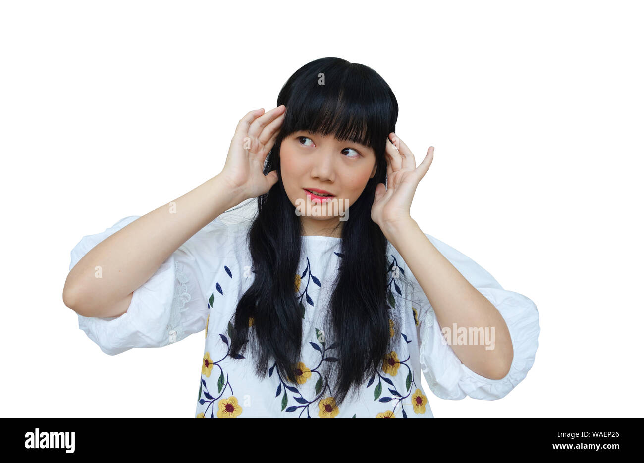 Cute Asian Girl Looking Upset. isolated on White Background Stock Photo ...