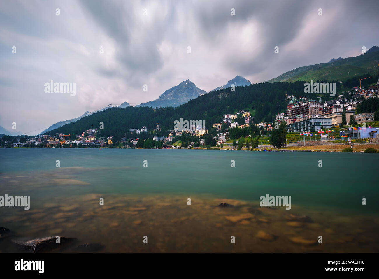 St. Moritz with lake called St. Moritzsee and Swiss Alps in Engadin ...