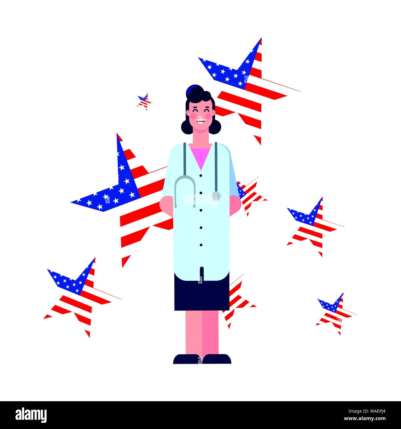 happy labor day - female doctor american flag stars vector illustration ...