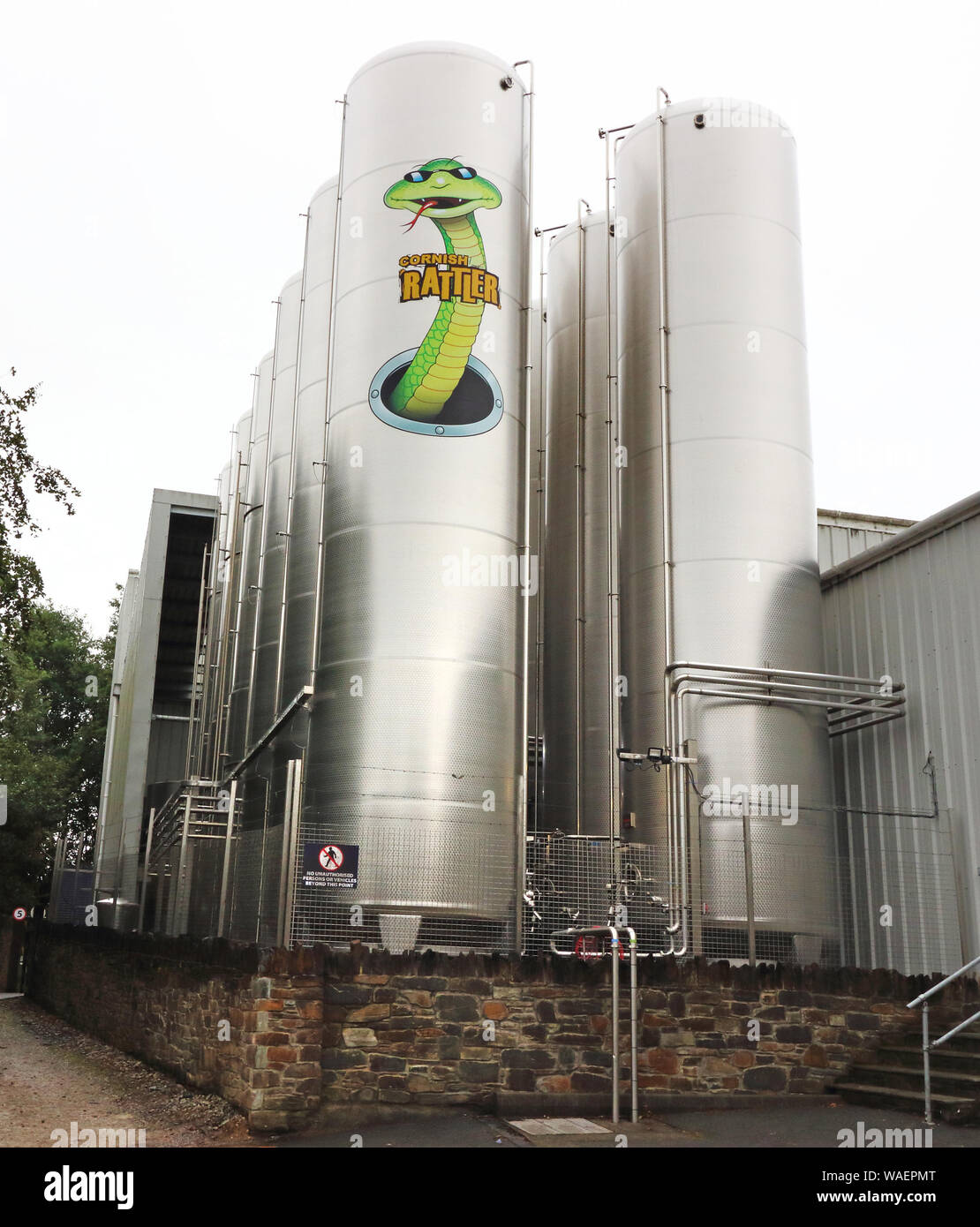 Fermenting vats with Rattler logo seen at the Cyder farm in Penhallow ...