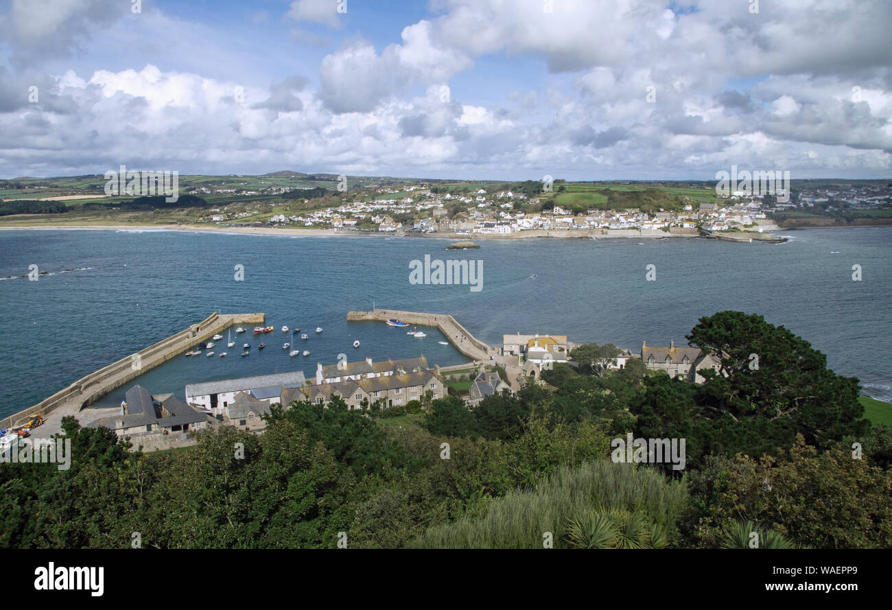 The harbour at St Michael’s Mount with Marizion in the distance Stock ...