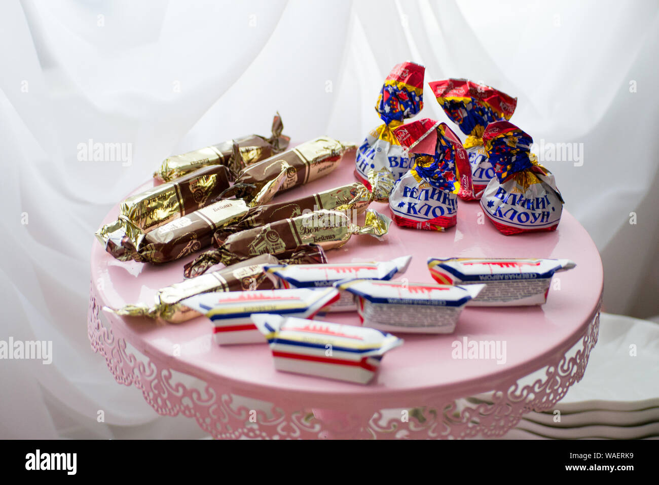 Saint Petersburg, August 2019.Russian chocolates and sweets at a party ...
