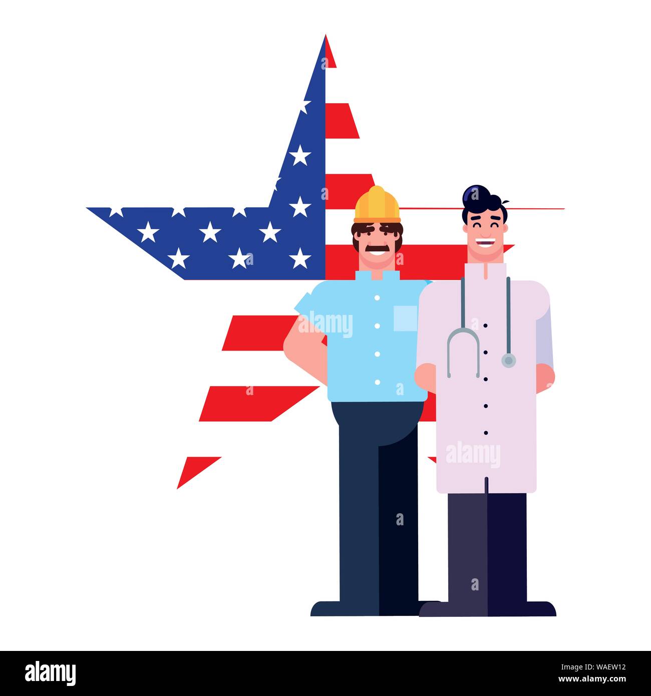 happy labor day - doctor and worker star shaped american flag vector ...
