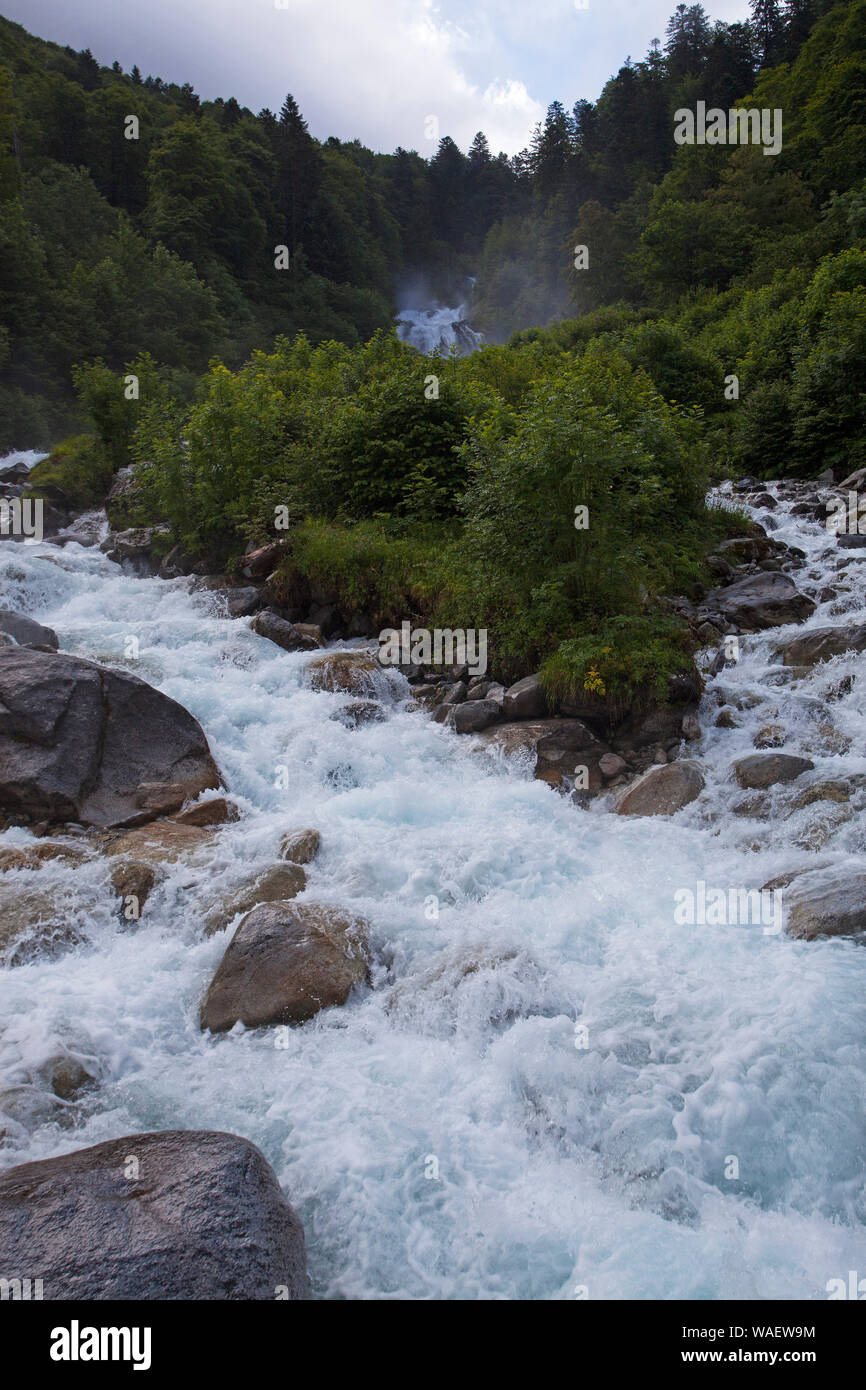 Waterfall and rushing river of the Gave de Lutour from l'Abri du ...