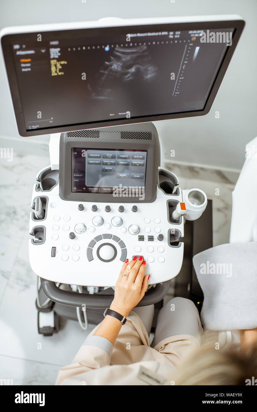 Top view on the ultrasound equipment during the medical examination ...