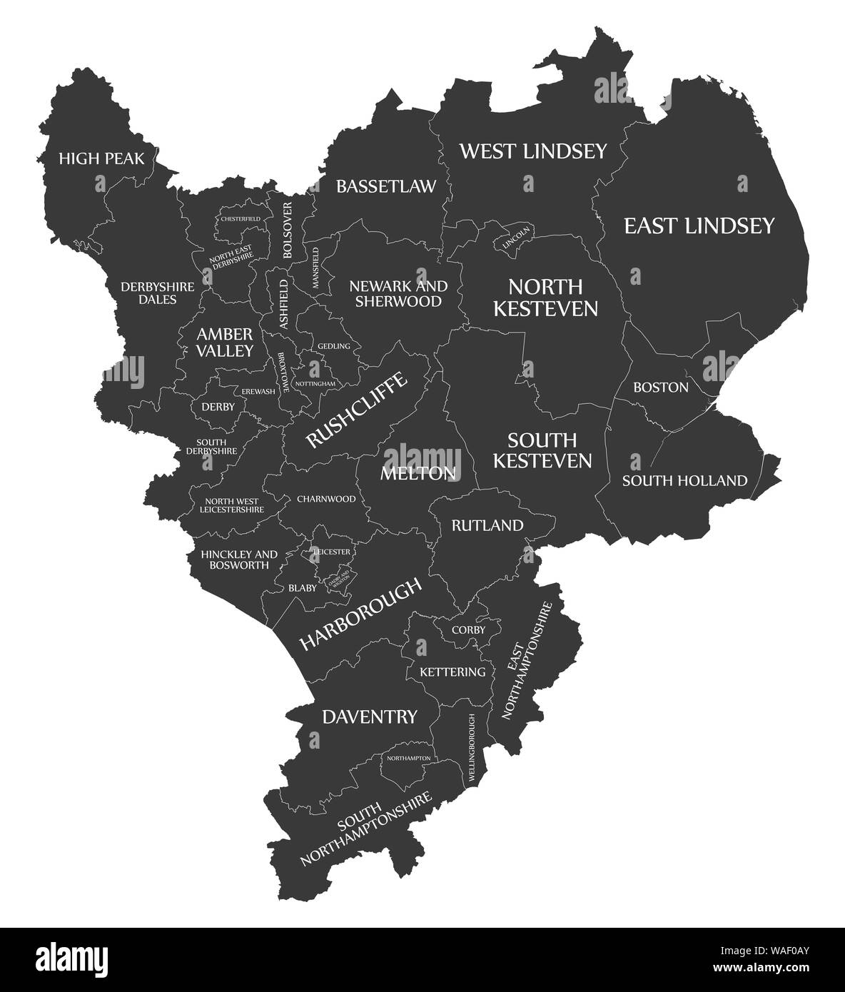 Modern Map - East Midlands map of England UK with districts and labels ...