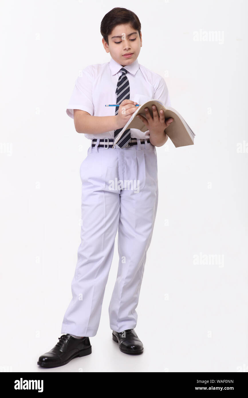 Schoolboy standing and studying Stock Photo - Alamy