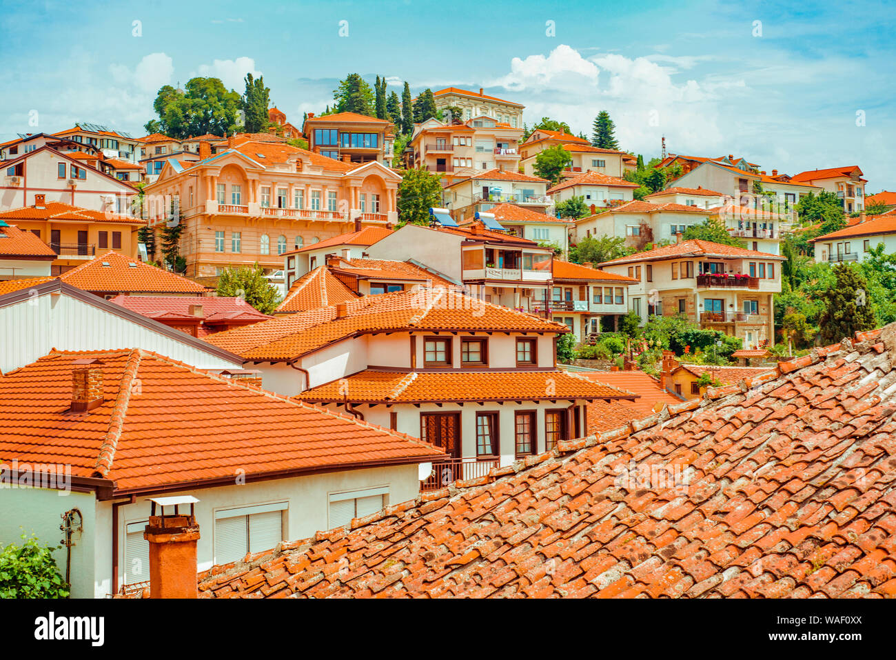 North macedonia. Ohrid. Roofs buildings and houses on hill on sky ...
